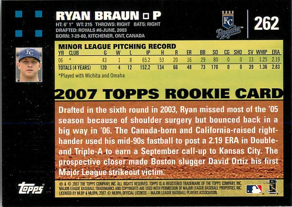RYAN BRAUN 2007 TOPPS ROOKIE #262 ROYALS | eBay