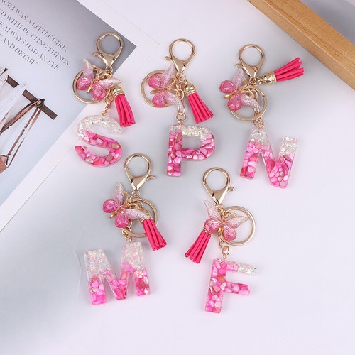 Fashion Pink Tassel Letters Butterfly Keychain Sequin Filled Resin ...