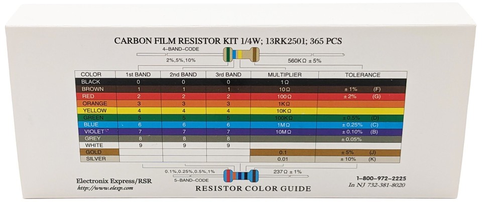 365 Piece Resistor Kit 1/4 Watt in Compartmentalized Cardboard Storage ...