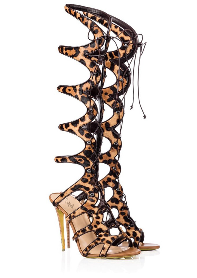 Womens Summer Roman Lace Up Pointed Toes Boots Leopard Print High Heels ...