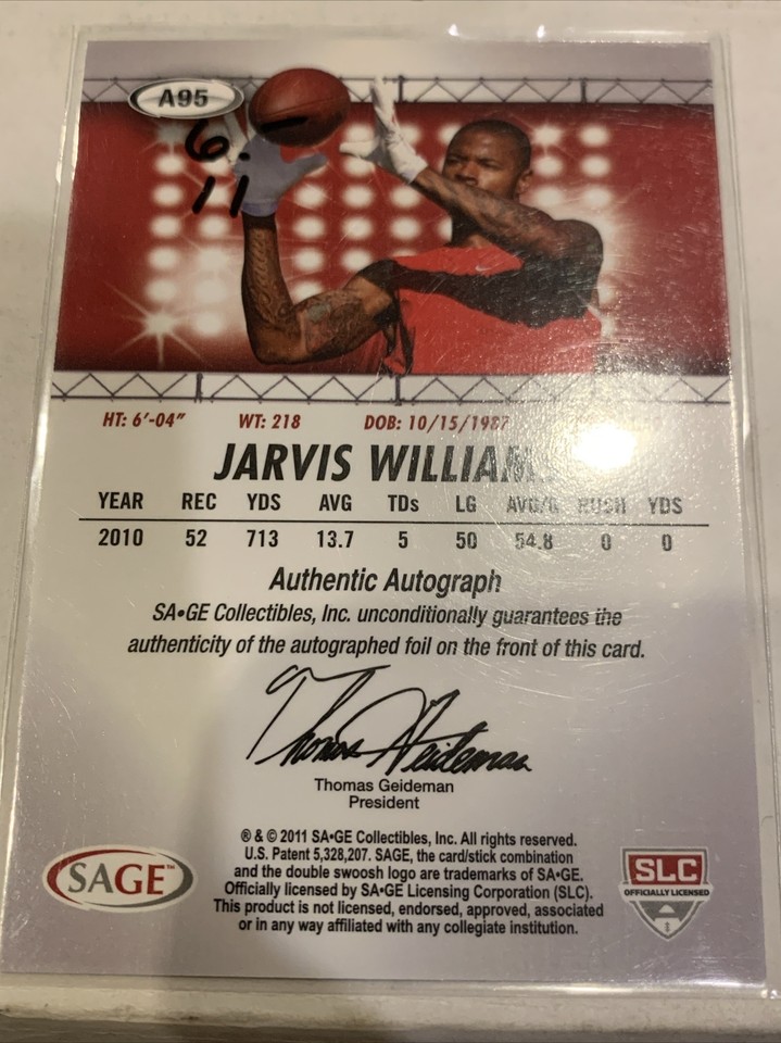 2011 Sage Hit Auto Jarvis Williams #A95 | eBay