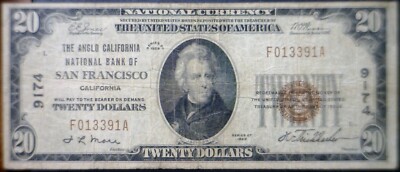 1929 $20 San Francisco CALIFORNIA VG + National Bank Note Currency NR ...