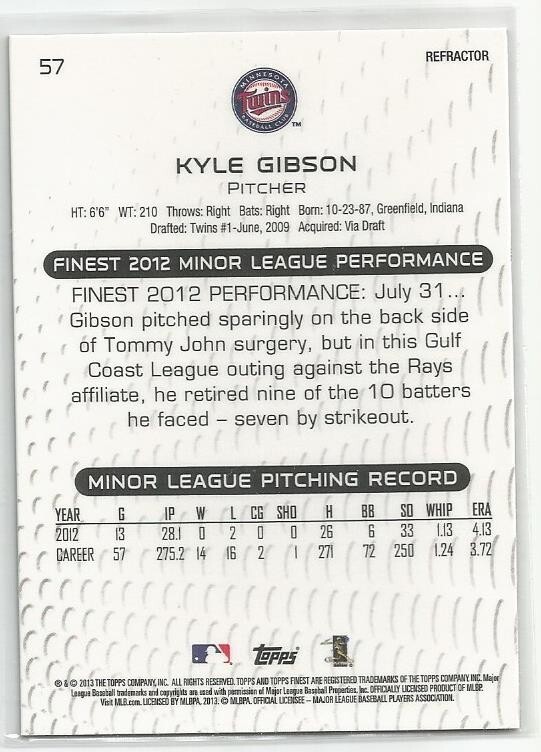 2013 Topps Finest Rookie Refractor Kyle Gibson Card #57 Minnesota Twins ...