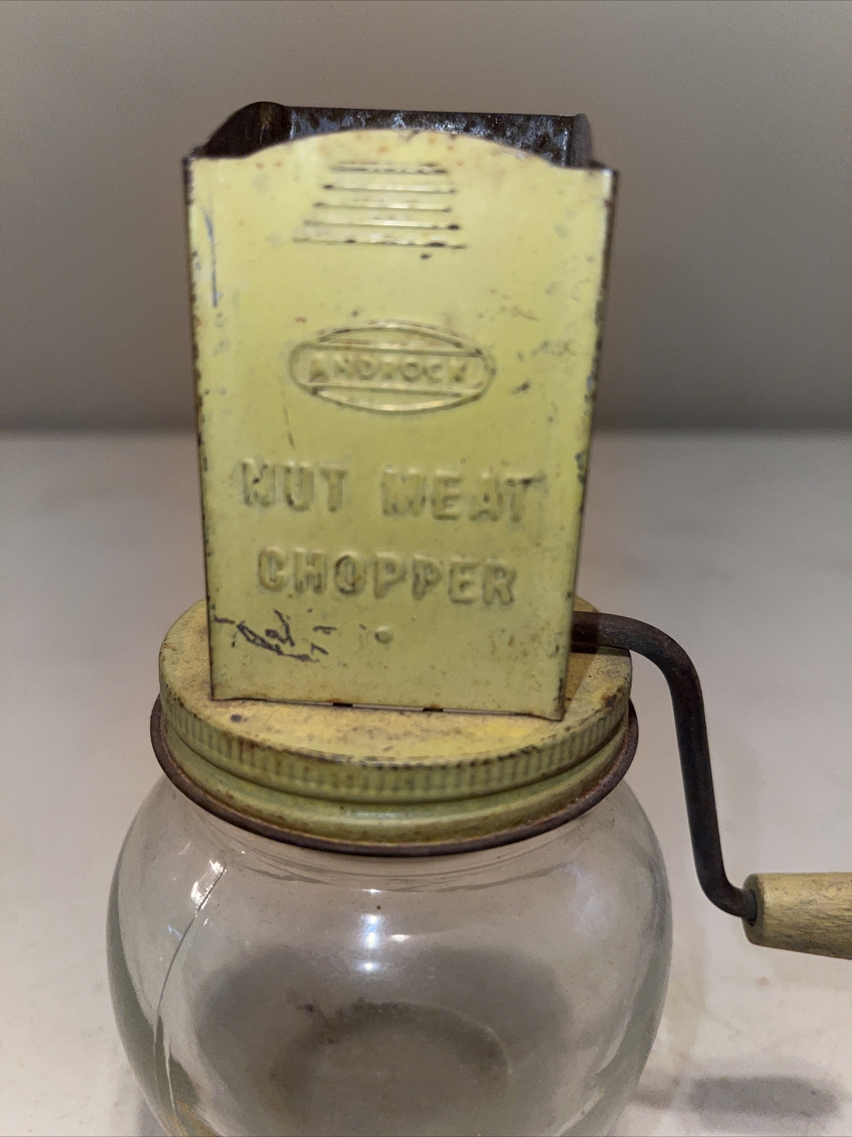 Vintage Androck Nut Meat Chopper Grinder Wood Handle Crank Glass Jar ...