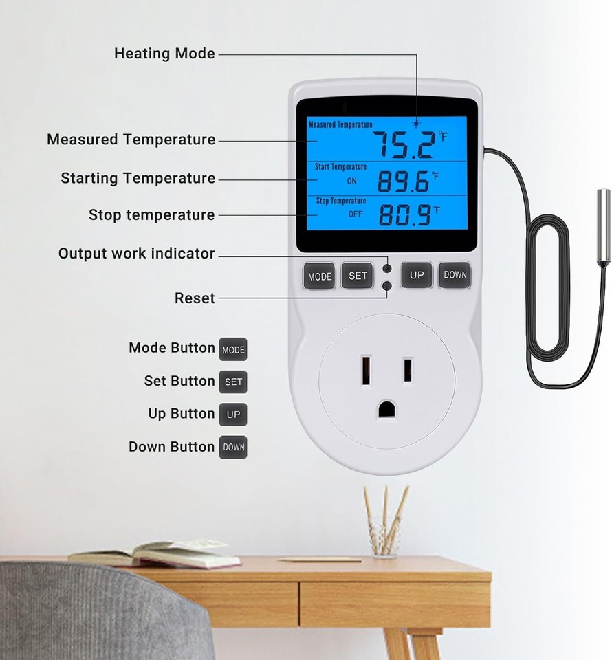 Digital Thermostat Outlet Plug Temperature Controller Heating Cooling ...