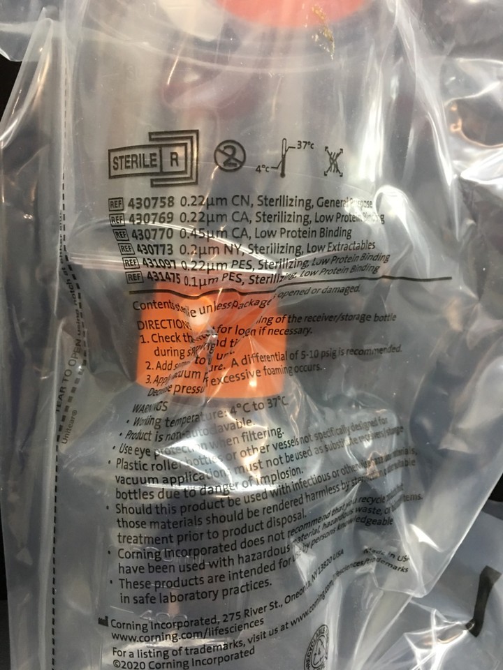 CORNING REF 431097 Vaccum Filter Bottle System 500mL 45mm Neck 0.22um ...