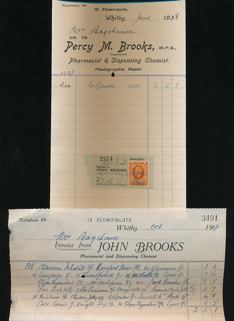 GB 1937-38 PHARMACIST CHEMIST RECEIPTS BROOKS WHITBY...2 ITEMS | eBay
