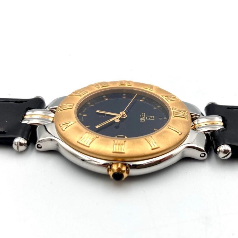 FENDI 900G Quartz Date Black Dial Gold FF Round Ladies Watch Orologi ...