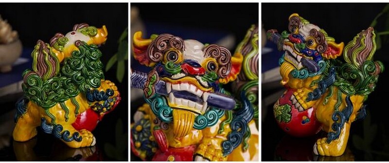 Pair Porcelain Guardian Foo Fu Dog Lion Statue Chinese Feng Shui Home ...