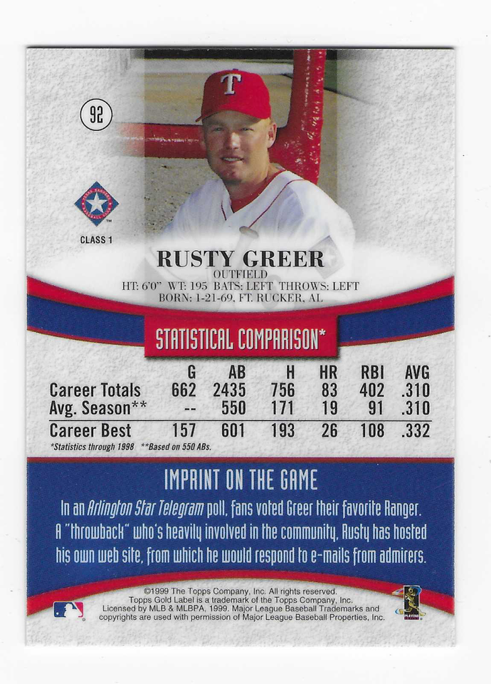 1999 Topps Gold Class 1 Label Rusty Greer Texas Rangers #92 | eBay