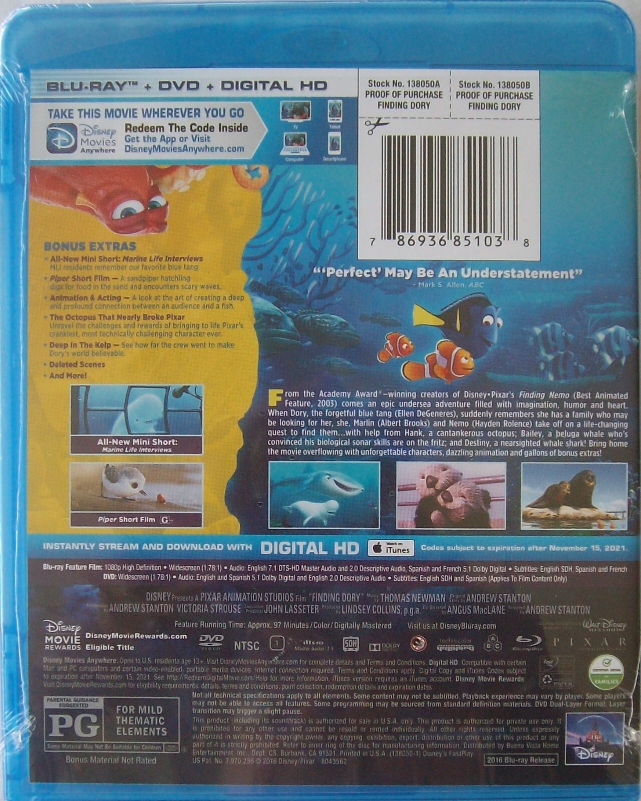 Finding Dory (Blu-ray/DVD Combo, 2016, Animated) Ellen DeGeneres ...