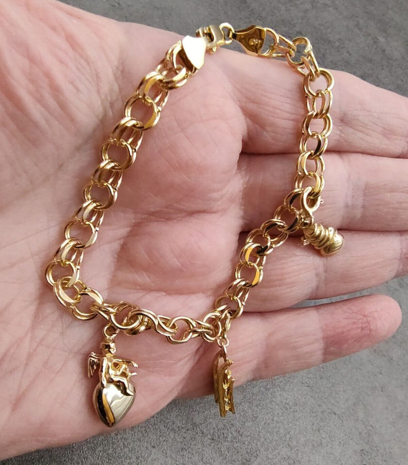 Estate CPT Peru 14K Yellow Gold Double Link Charm Bracelet & 3 Charms 8 ...