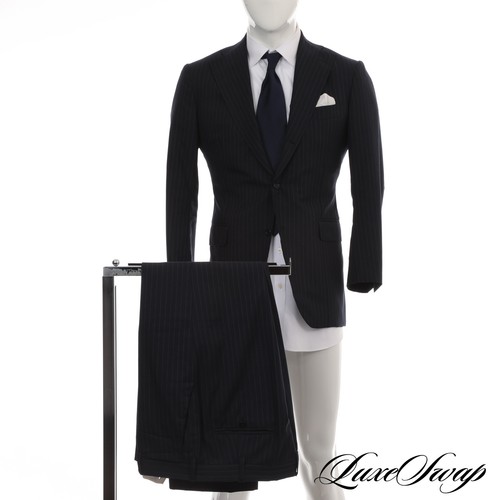 #1 MENSWEAR Napolisumisura Bespoke Navy Blue Banker Pinstripe 3B 2V FF ...