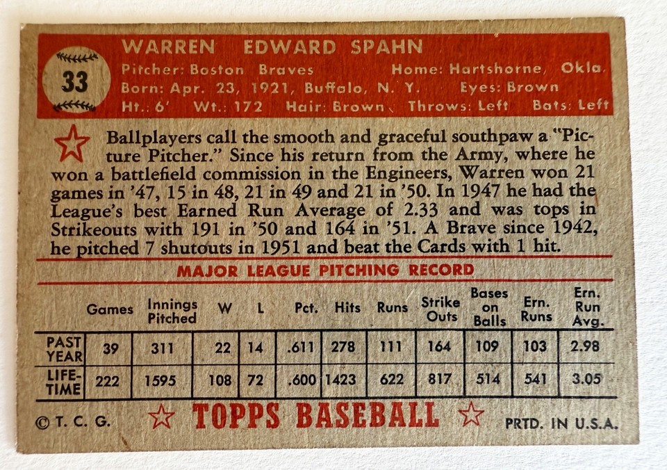1952 Topps Warren Spahn #33 VG/EX Red Back | eBay