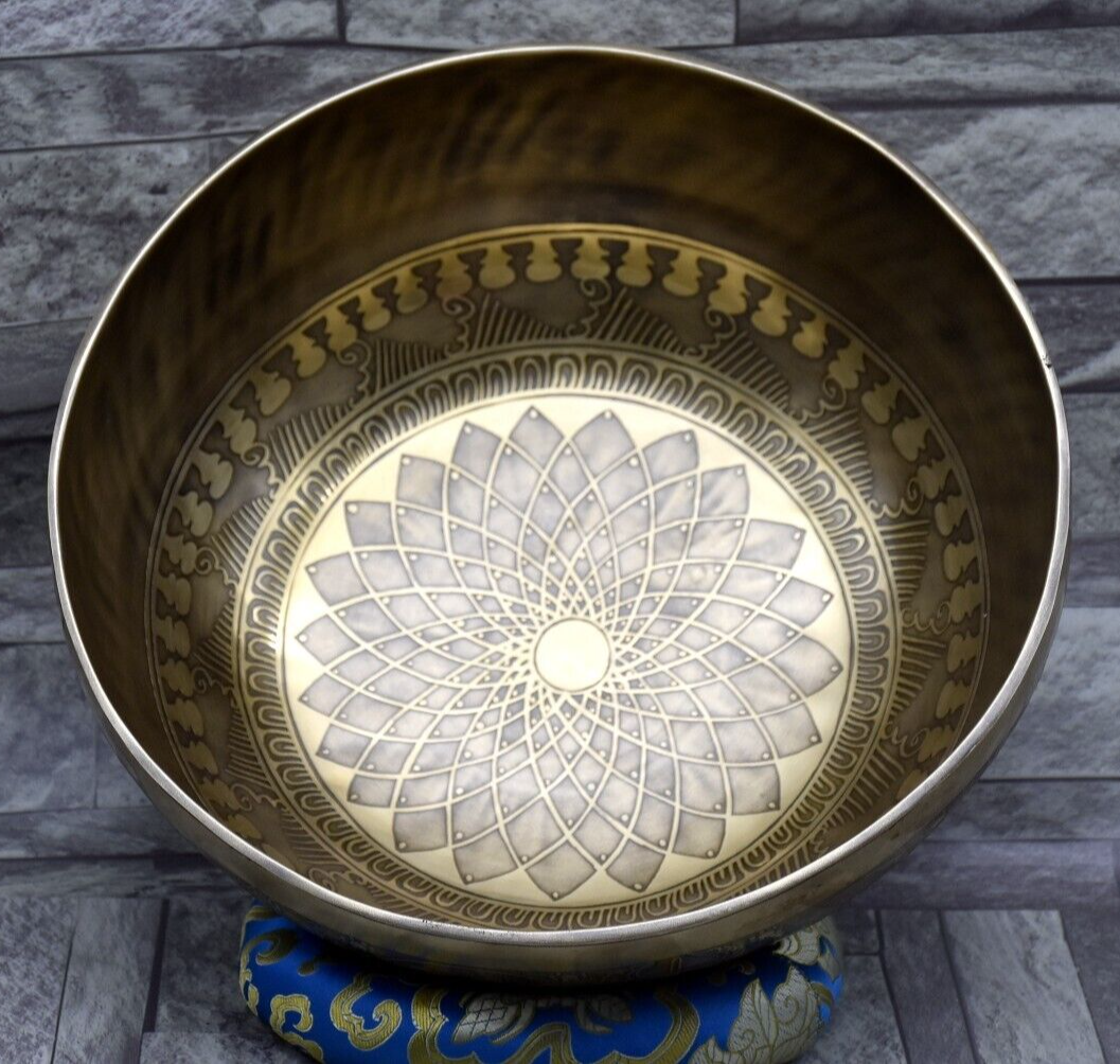 12 inches Lotus Om Mane Padme Ohm Carving Bowl Deep Sound Vibration ...