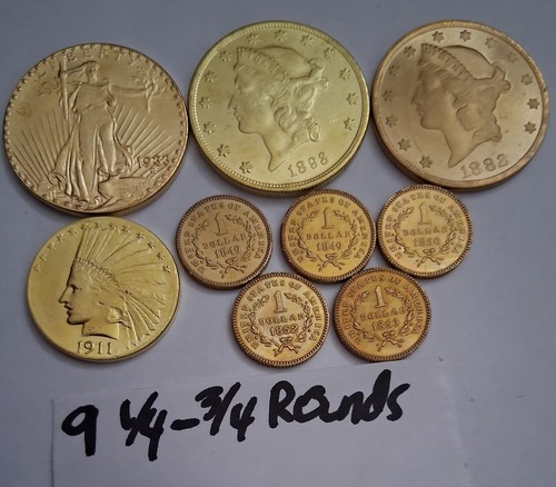 9 Barber & Indian Head Gold Plated US Copy Coins 1/4 to 3/4 Rounds ...