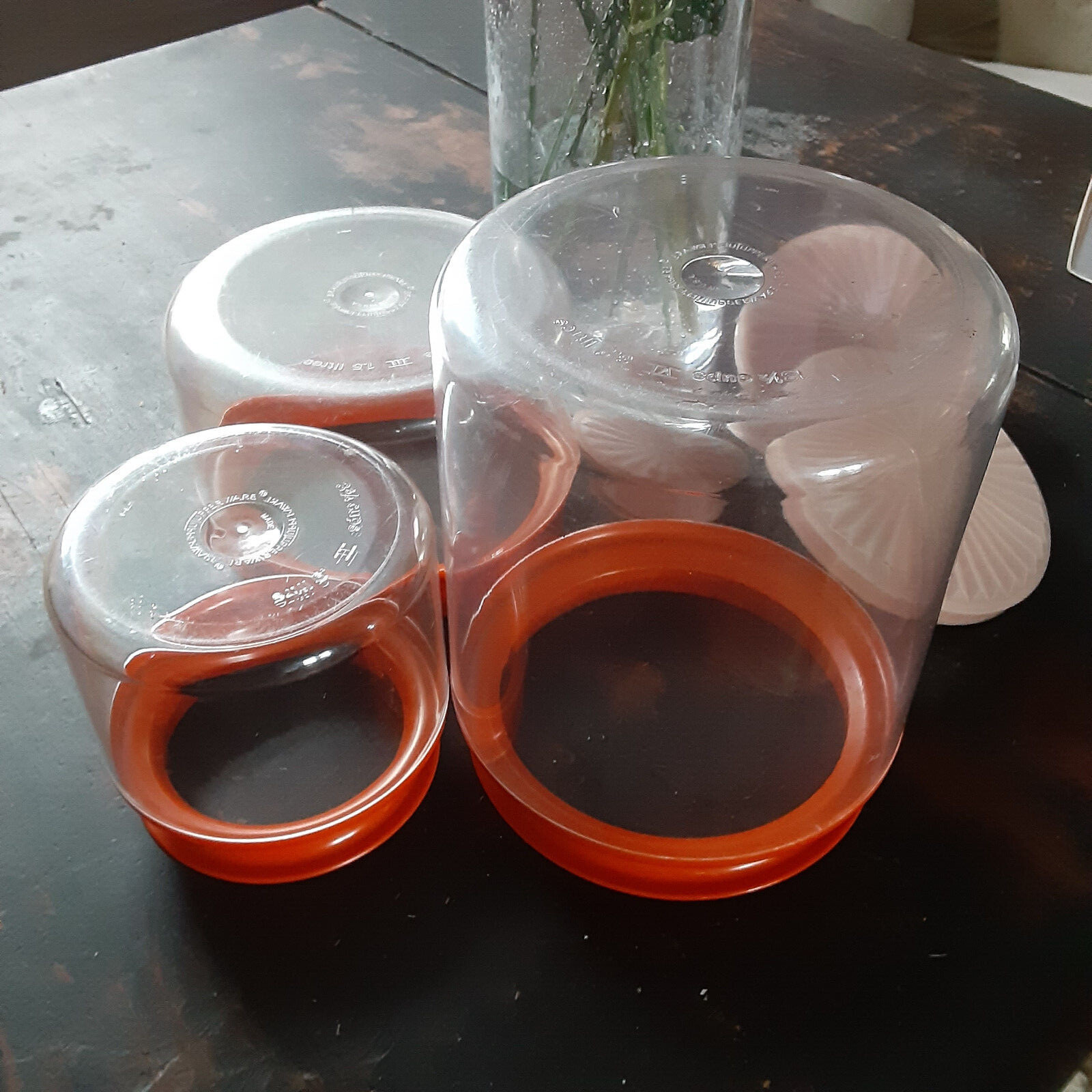 Vintage Set 3 Tupperware Acrylic Canister Push Button Lids Clear Orange ...