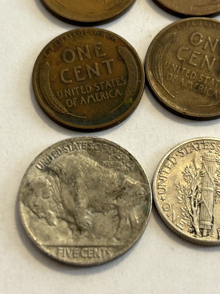 Silver Mercury Dimes, SLQ Quarter, Buffalo Nickel, Wheat Pennies Mixed ...