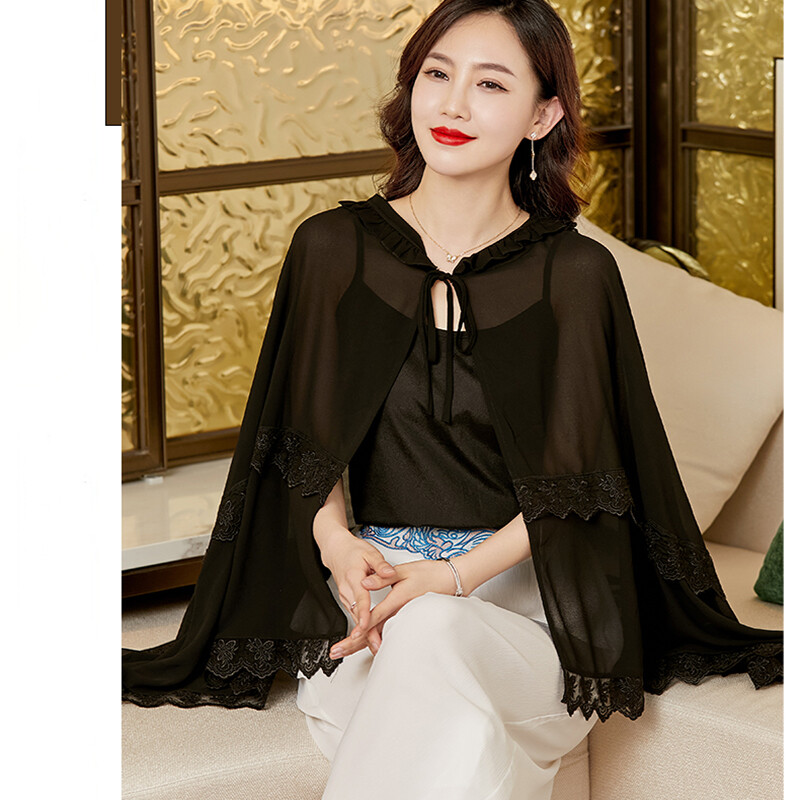 Women Chiffon Cloak Hooded Cape Shawl Wedding Bridal Sheer Ruffle Midi ...