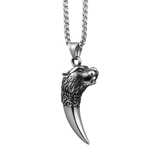 Mens Viking Wolf Head Tooth Teeth Pendant Necklace Stainless Steel ...