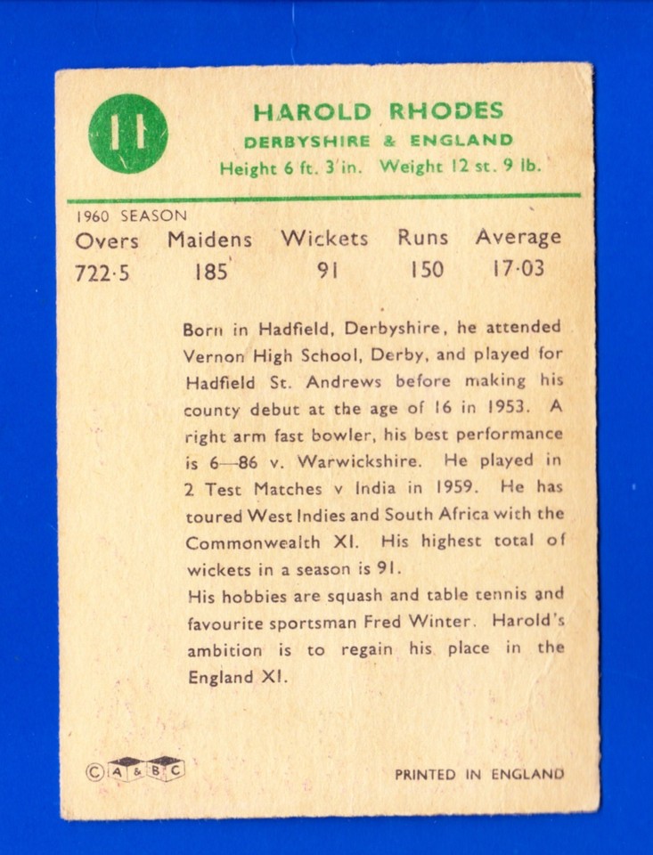 1961 A&BC-Cricketers Test Series HAROLD RHODES #11 Lower Grade SET ...