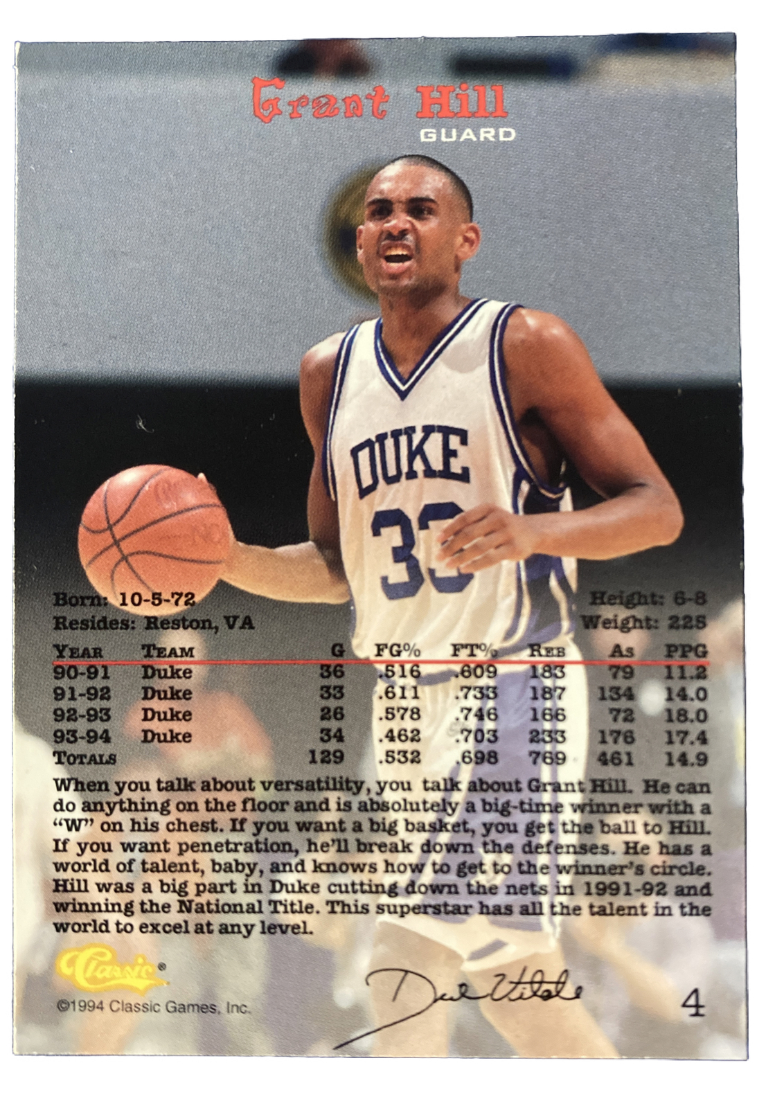 1994 Classic Grant Hill 4 Rookie Duke Basketball Card | eBay