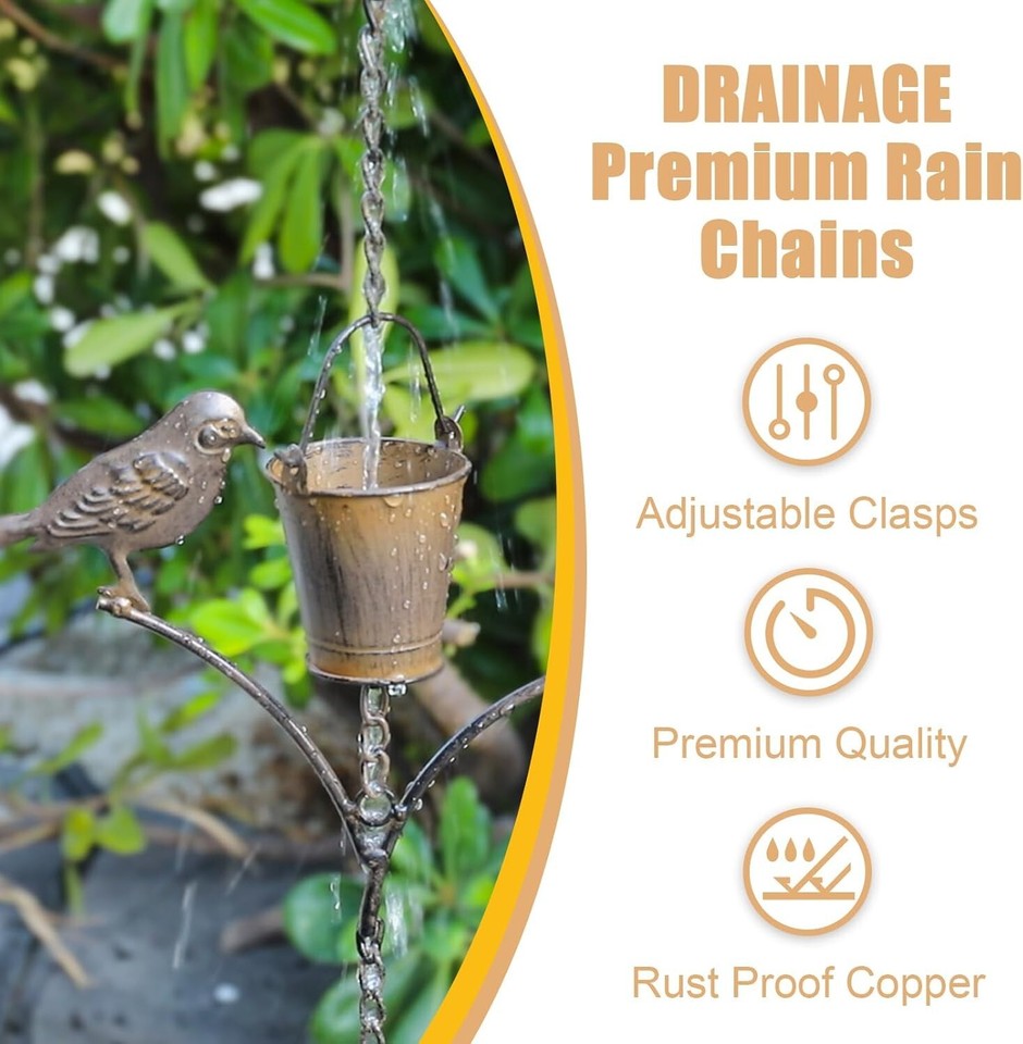 Rain Chain Set 6.52ft Cup Bird Rain Chain for Gutters Copper Rain Chain ...