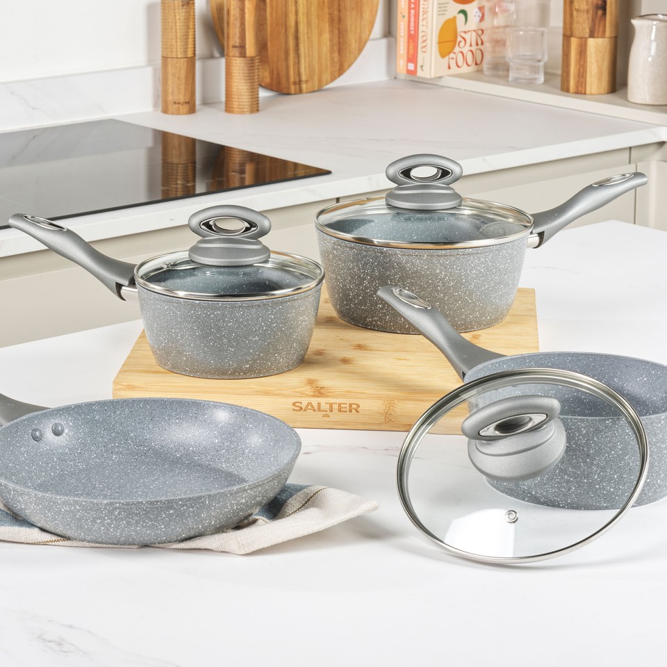 Salter Pan Set 4PC Cookware Set Fry Pan Saucepan Non-Stick Marblestone ...