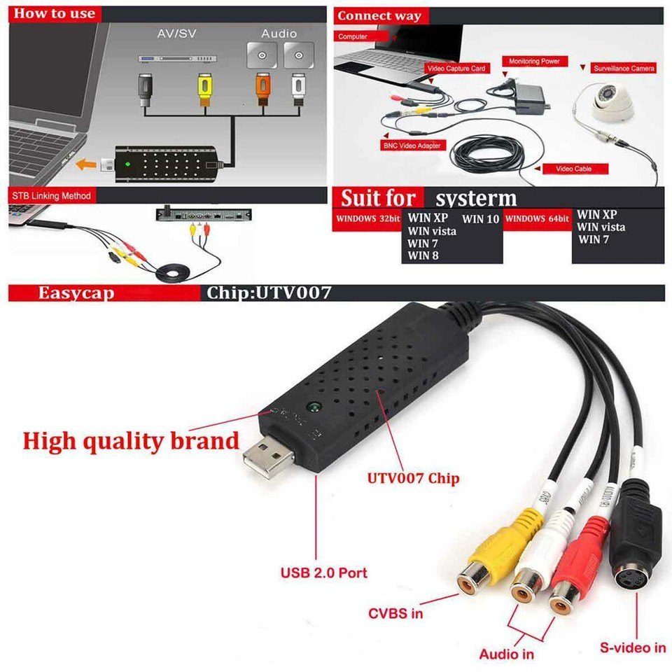 USB2.0 VHS To DVD Converter Audio Video Capture Kit Scart RCA Cable for ...