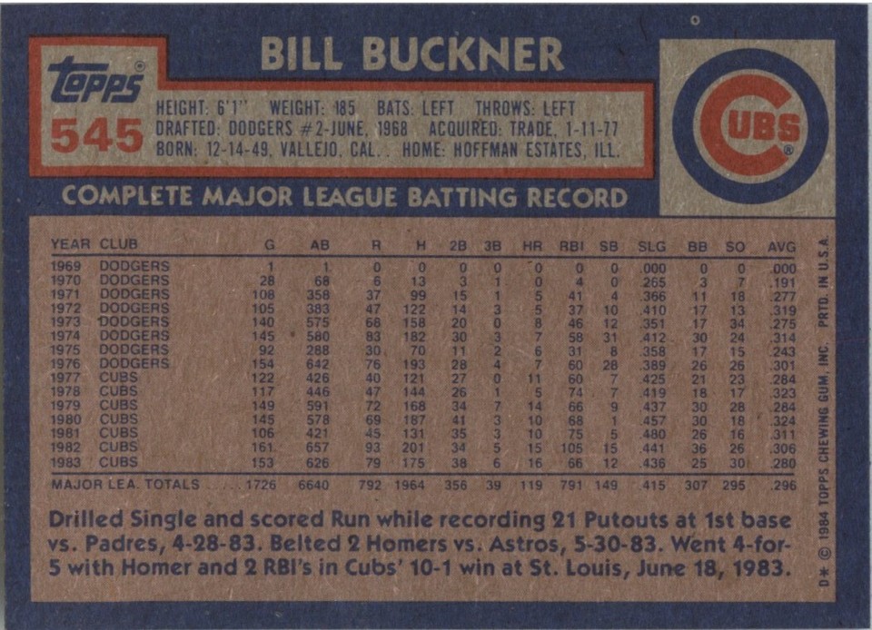 1984 Topps #545 Bill Buckner Chicago Cubs | eBay