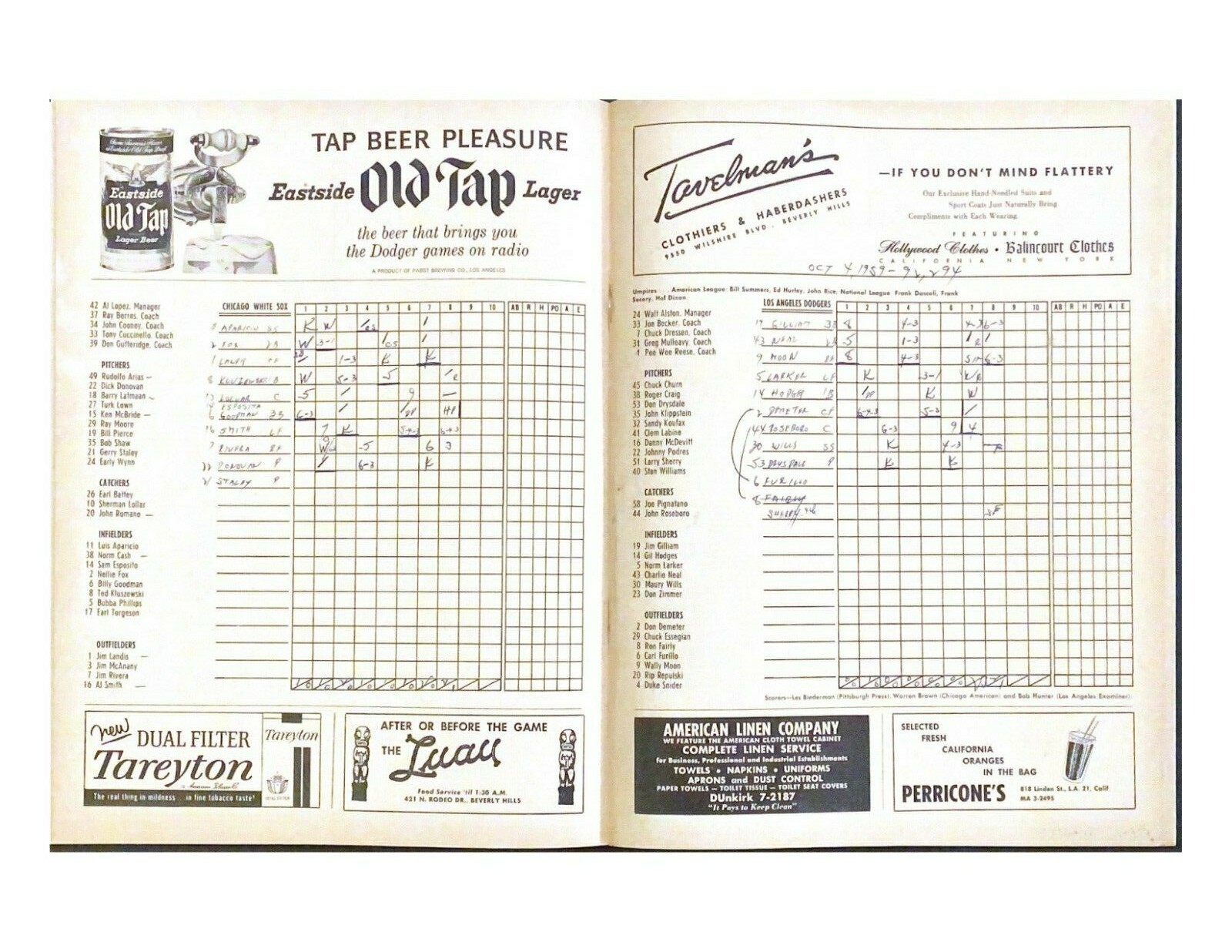 1959 World Series Program MLB Baseball Los Angeles Dodgers vs Chicago ...