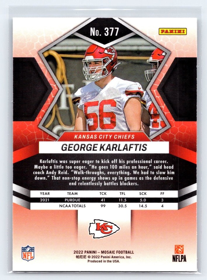 GEORGE KARLAFTIS 2022 Panini Mosaic Rookie Base Football Card # 377 KC ...
