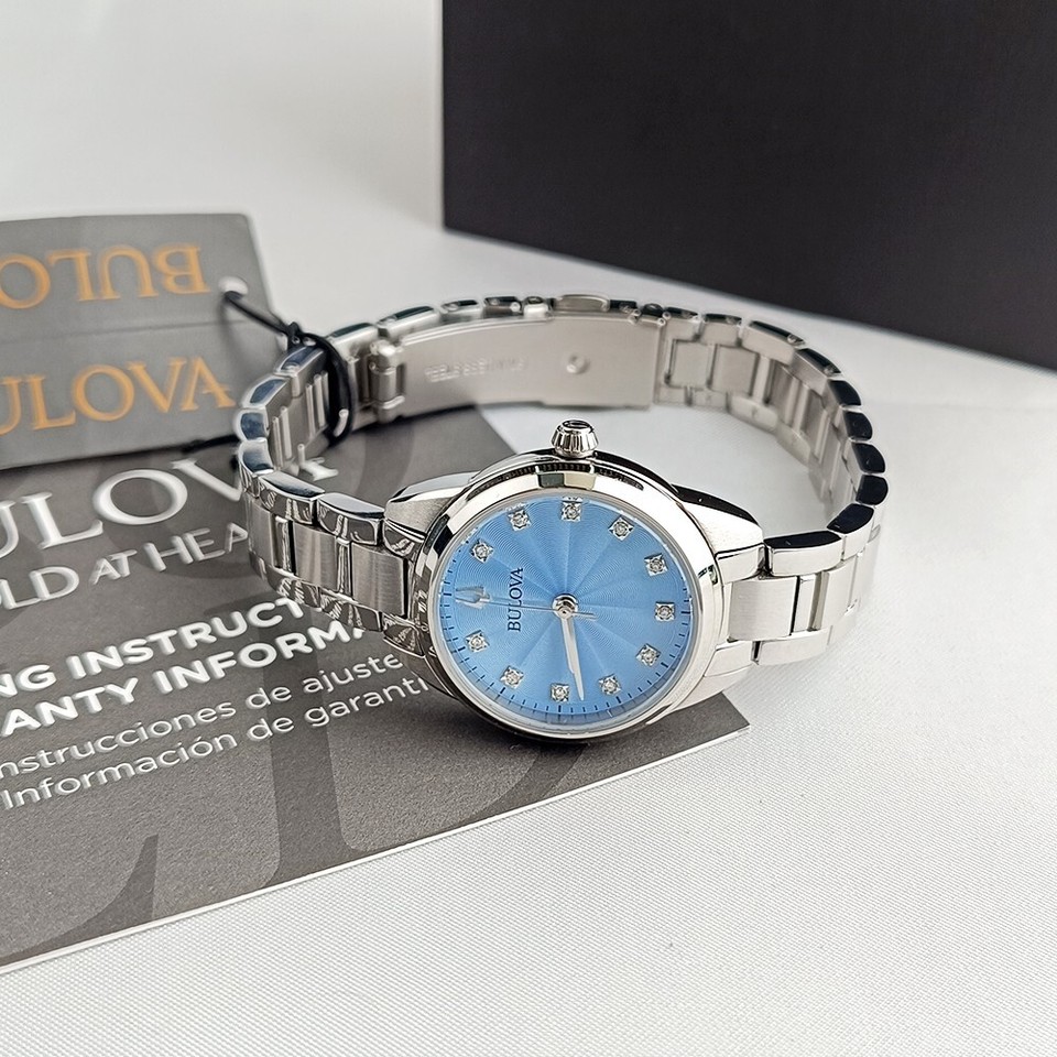 New Bulova Sutton 96P250 Diamond Blue Dial Quartz Stainless Steel Women ...