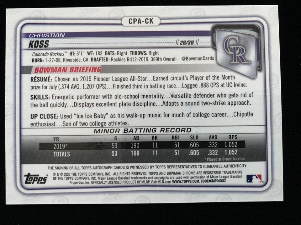 2020 Bowman Chrome CHRISTIAN KOSS Rookie 1st AUTO #CPA-CK Boston Red ...