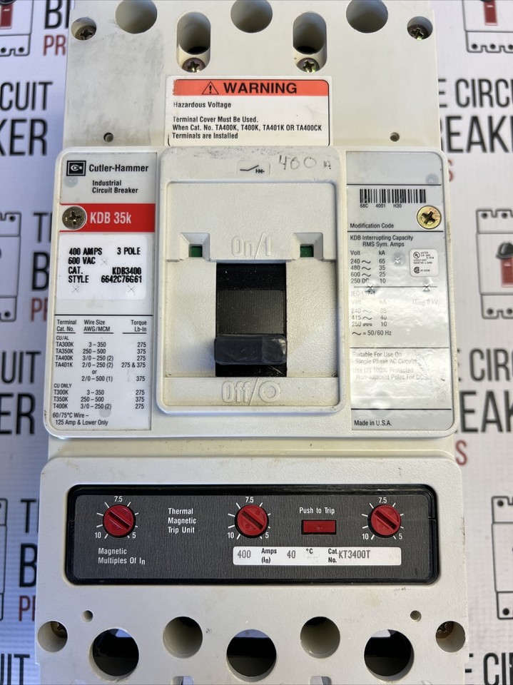 EATON IND CIRCUIT BREAKER, KDB3400, 400 A, 600 V, 3 P, TYPE KT3400T ...