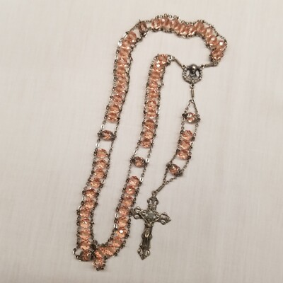 Vtg Pink ROSARY Double Chain Faceted Beads silver Crucifix Italy 18 ...