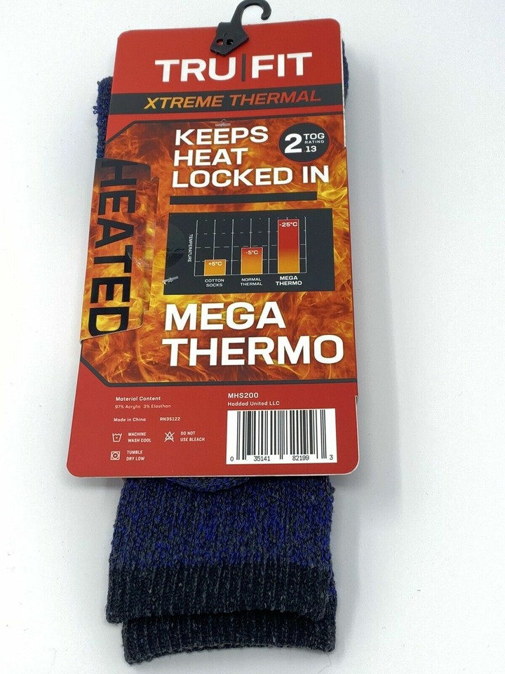 Tru Fit Unisex Heated Blue Black Crew Socks 1 Pair Xtreme Thermal -25 C ...