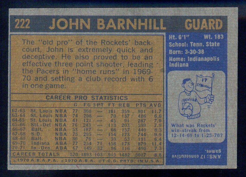 1971-72 TOPPS BASKETBALL #222 John Barnhill NM DENVER ROCKETS NUGGETS ...