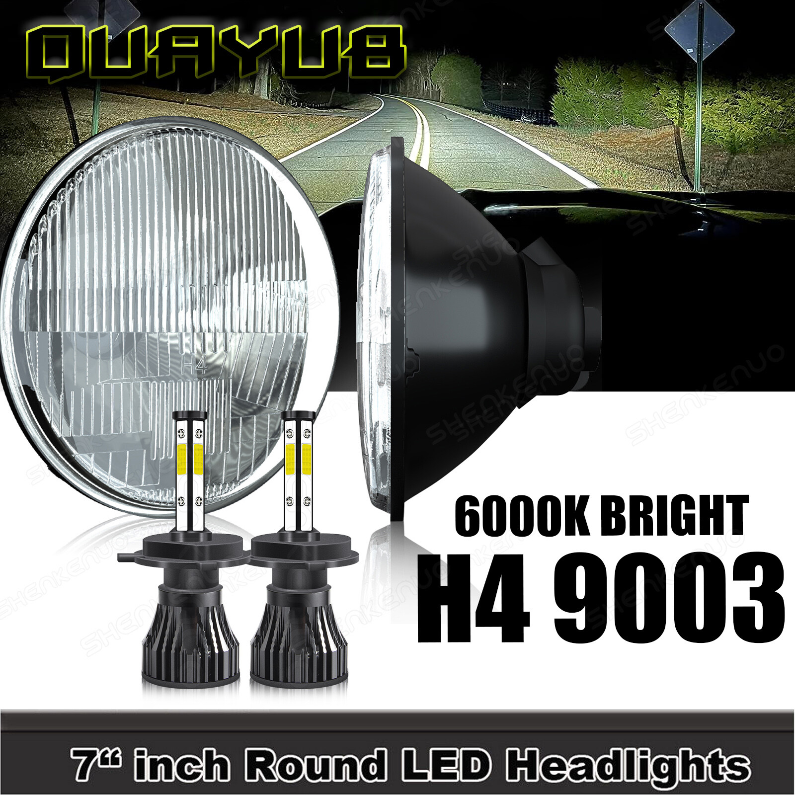 7" Stock Glass Lens 12v 24V Headlight LED 6K 100w H4 Light Bulb ...
