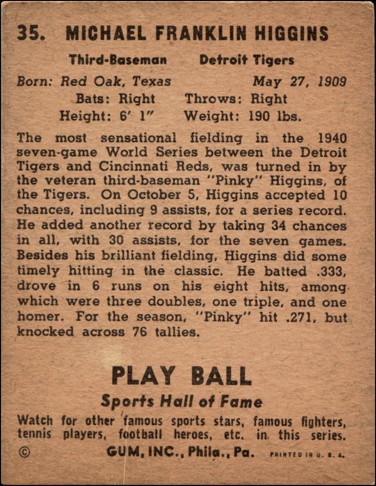 1941 Play Ball Baseball card set break #35 michael pinky higgins ...