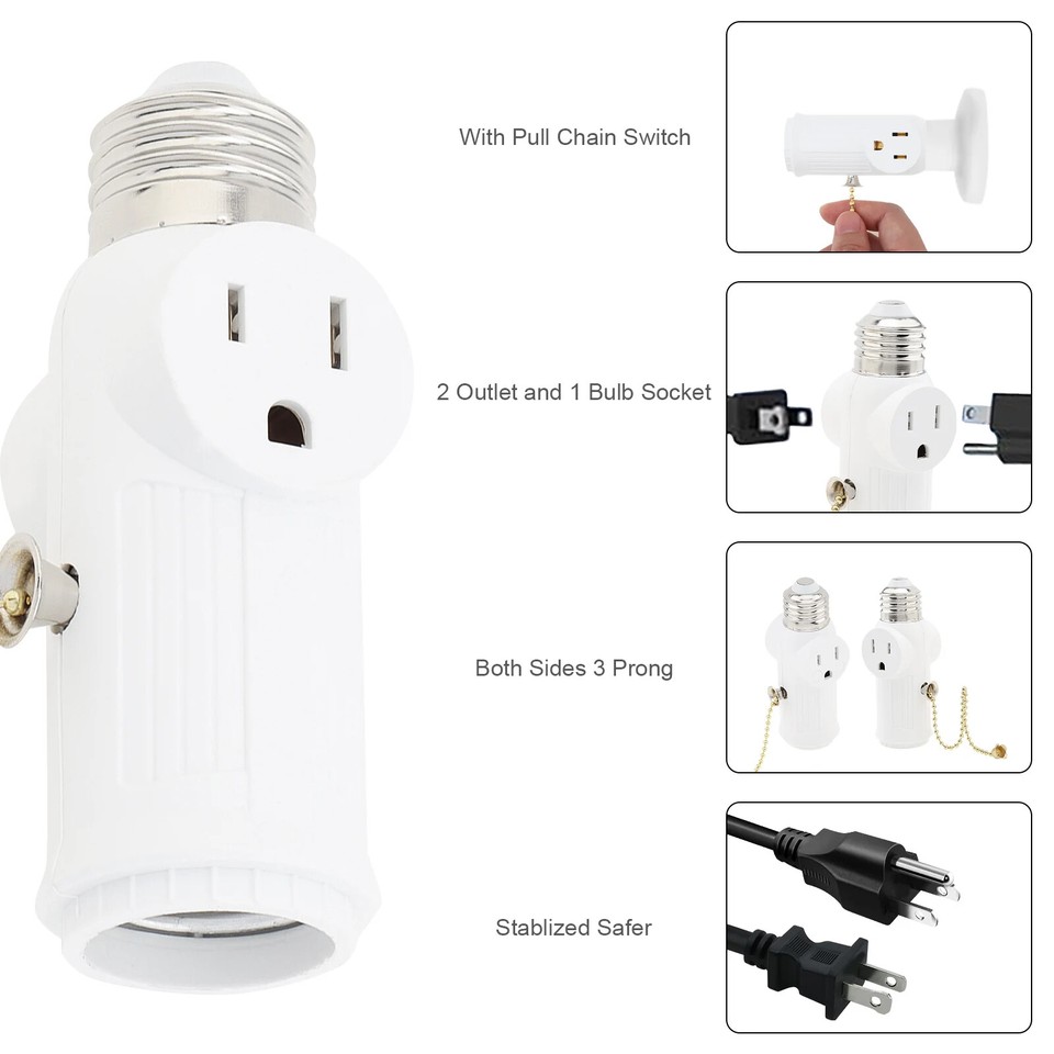 E26/E27 Light Socket to Plug Adapter 2/3 Prong Light Bulb Outlet Plug ...