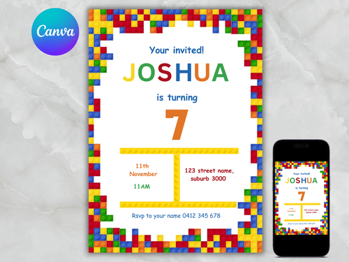 Colorful Building Blocks Birthday Invitation Kids Lego Theme Editable ...