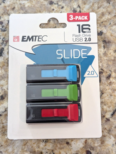EMTEC SLIDE FLASH DRIVE 3 Pack USB 2.0 16 GB BLUE, GREEN, RED BRAND NEW ...