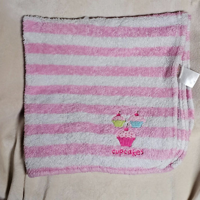 Absorba Baby Pink White Fleece Plush Blanket Stripe Cupcake Girl 28x28 ...