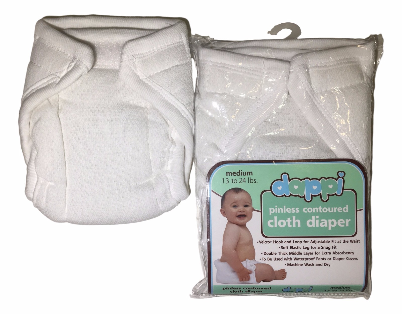 Dappi PINLESS Contoured CLOTH Diaper 100% Cotton Natural S-M-L Reusable ...