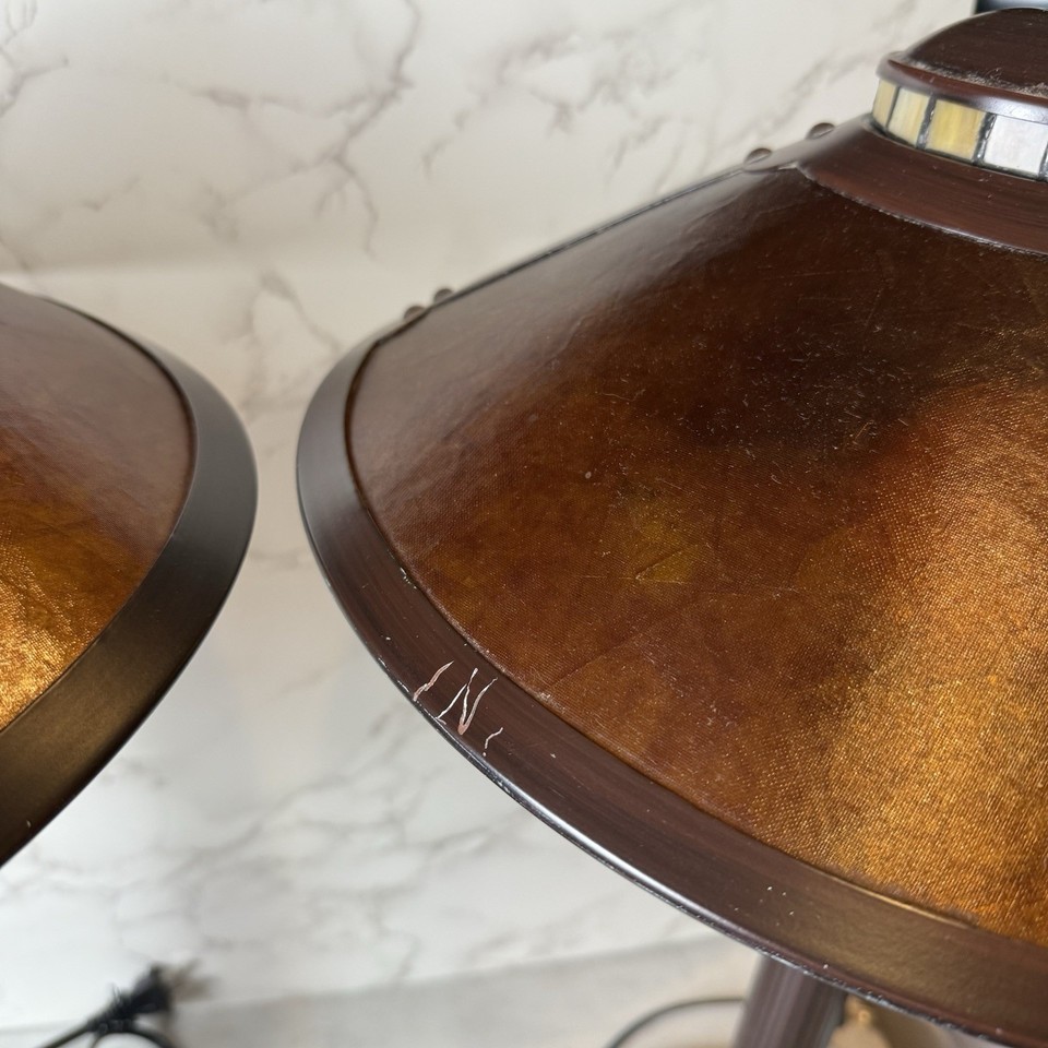 Anthony Inc Arts & Crafts Mission Bronze Table Lamps Amber Mica Shades ...