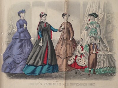 Antique Hand Color Engraving GODEY’S Lady Victorian Fashion Dress ...