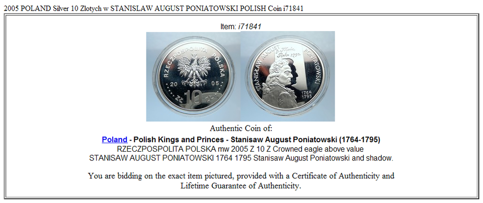 2005 POLAND Silver 10 Zlotych w STANISLAW AUGUST PONIATOWSKI POLISH ...