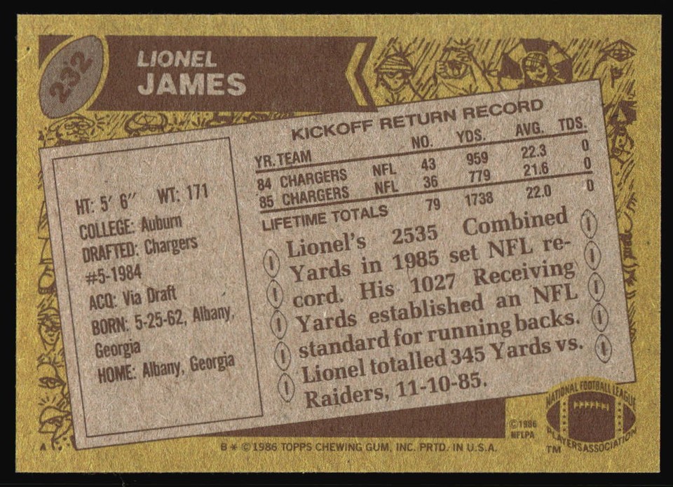 1986 Topps Lionel James #232 San Diego Chargers | eBay