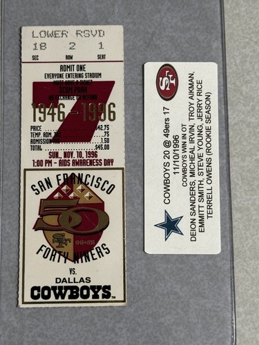 49ERS VS COWBOYS Ticket Stub- 11/10/96 Young, Rice, Smith, Aikman,Deion ...